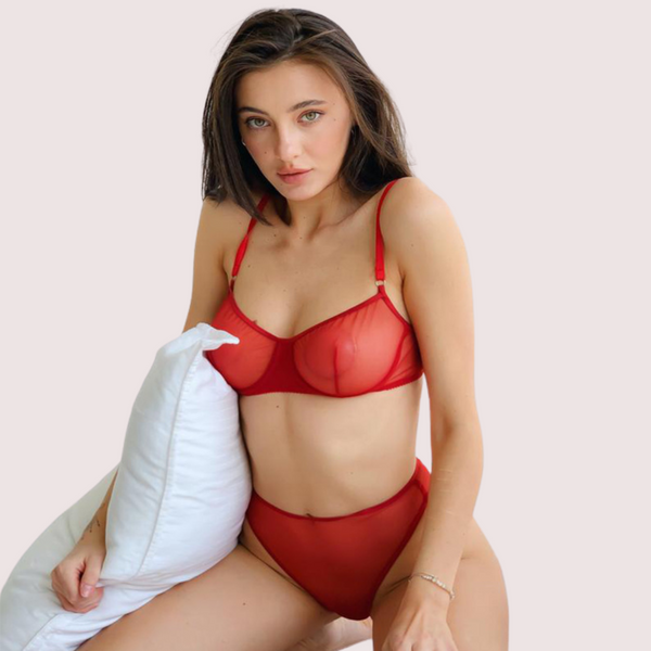 Sensual Red Bra & Thong Set - Fully See-Through Design - Flop Fab